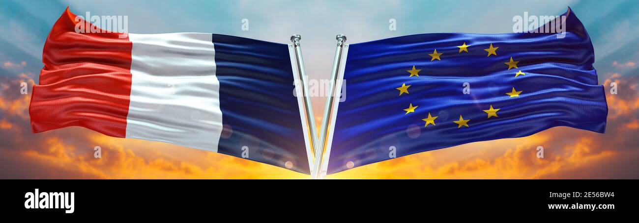 European Union Flag and France flag waving with texture sky Cloud and ...
