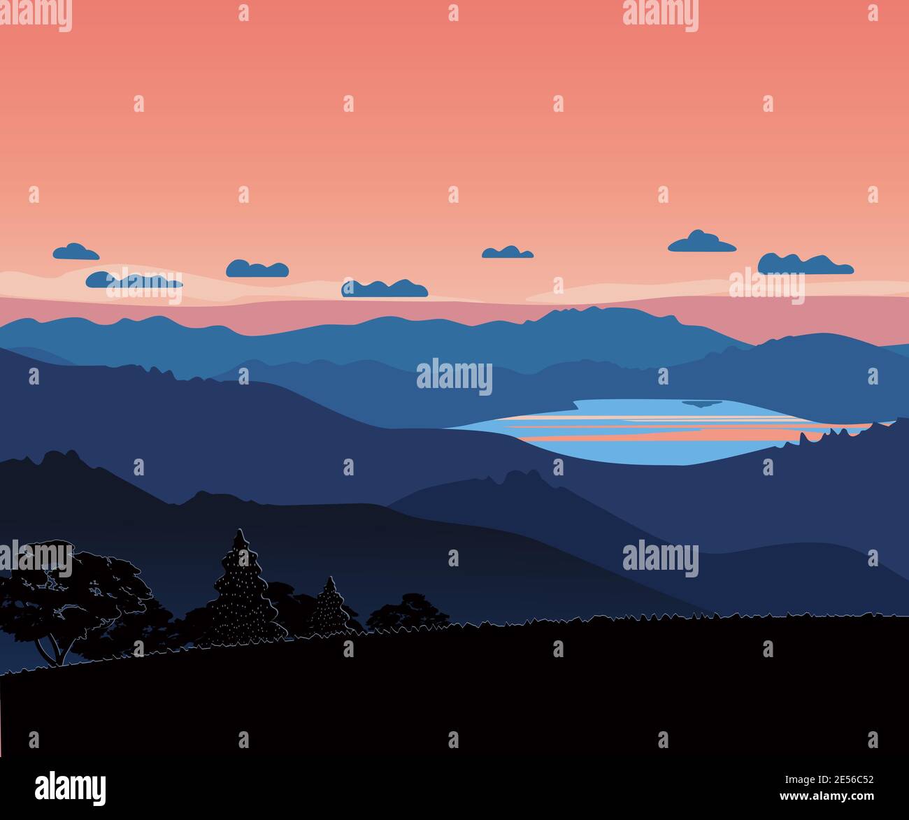 Mountains Valley Red Sky Sunrise vector Landscape Stock Vector Image ...
