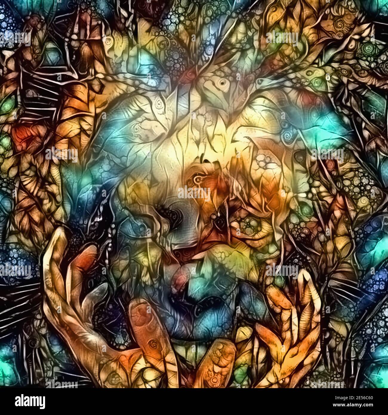 Looking Through Eternity. Face and hands, abstract painting. 3D ...