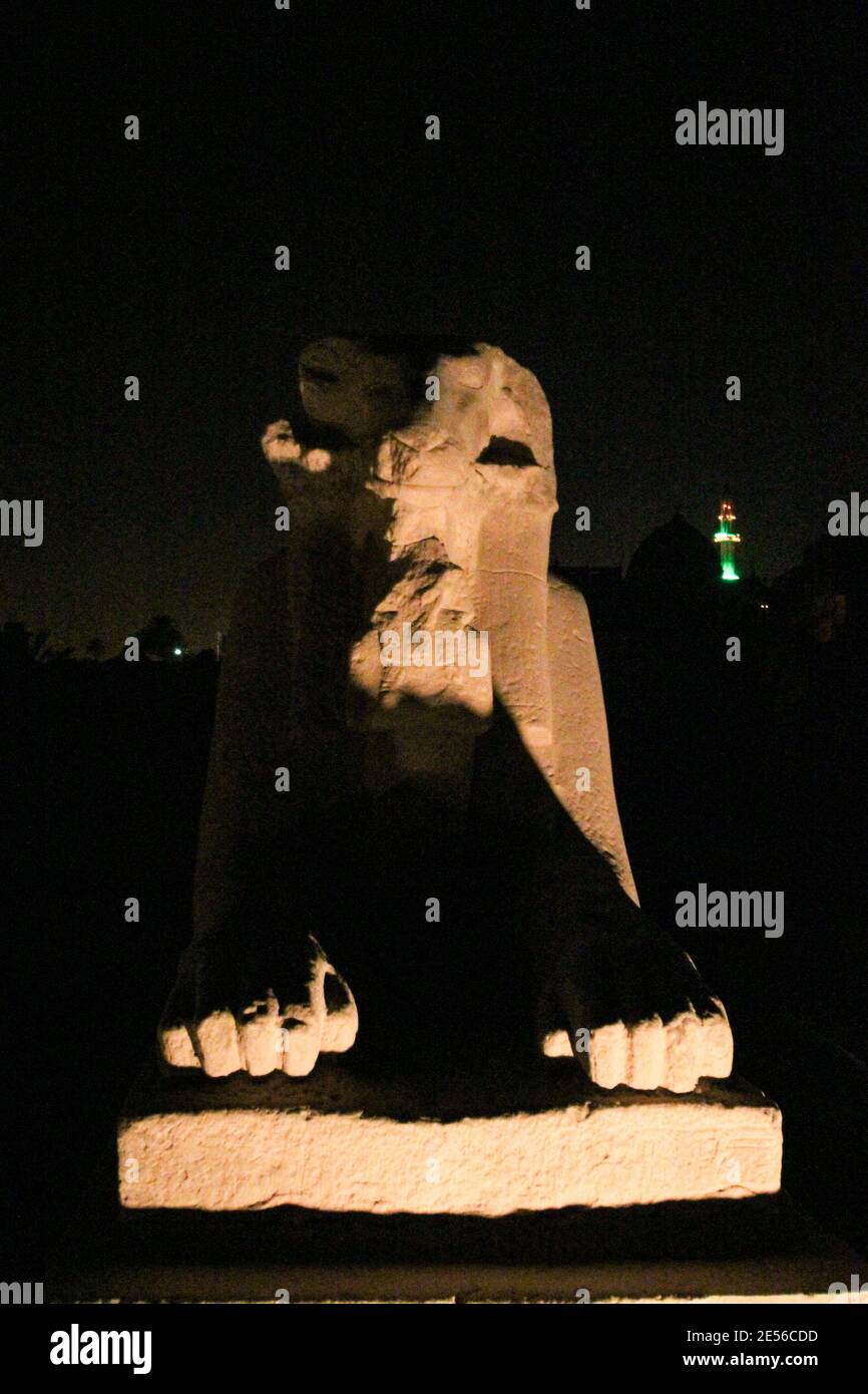 Egyptian god Chnum illuminated, great Amun temple of Karnak, Luxor ...