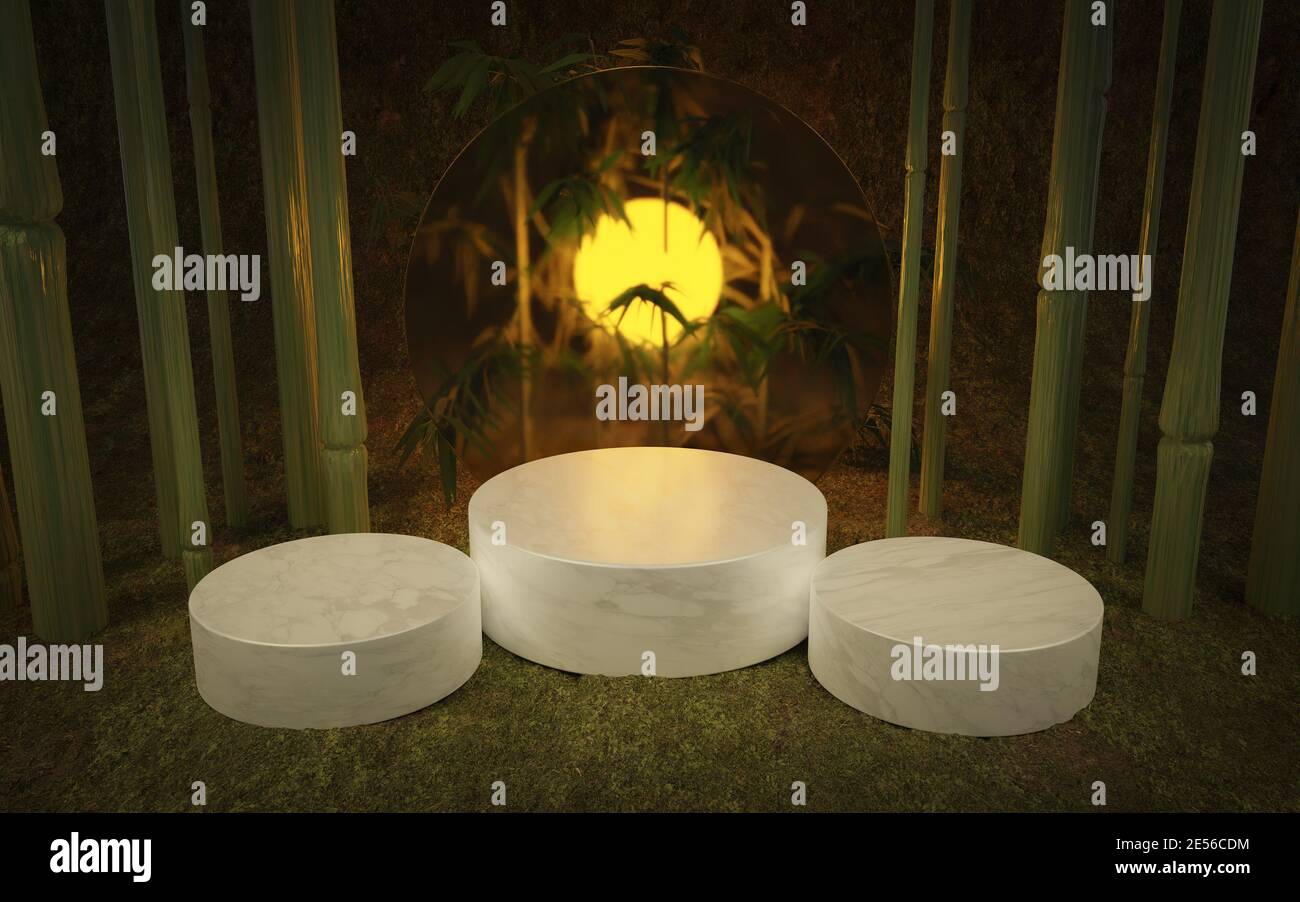 tropical product stand with 3 cylindrical bases of marble, bamboo and a ...