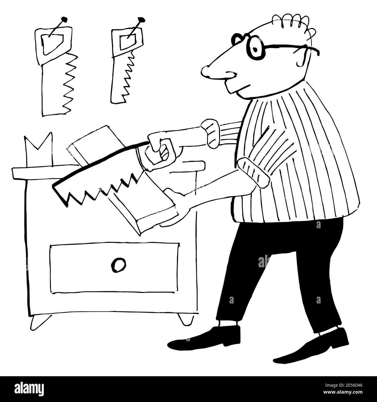 Vector illustration carpenter with saw, drawing monochrome caricature ...