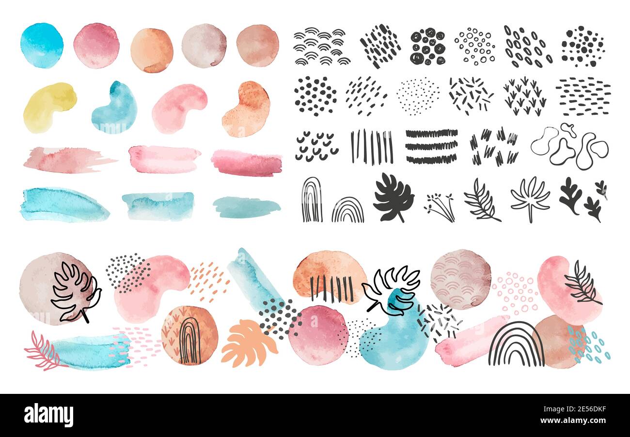 Watercolor shapes, lines and patterns. Abstract modern art splashes and ...