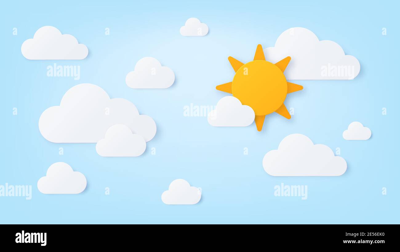 Paper sun and clouds. Summer sunny day, blue sky with white cloud ...