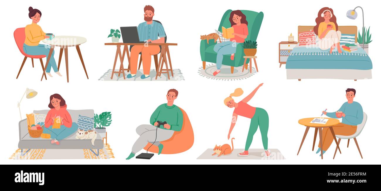 People at homes. Men and women relax, work, do exercise and hobby in ...