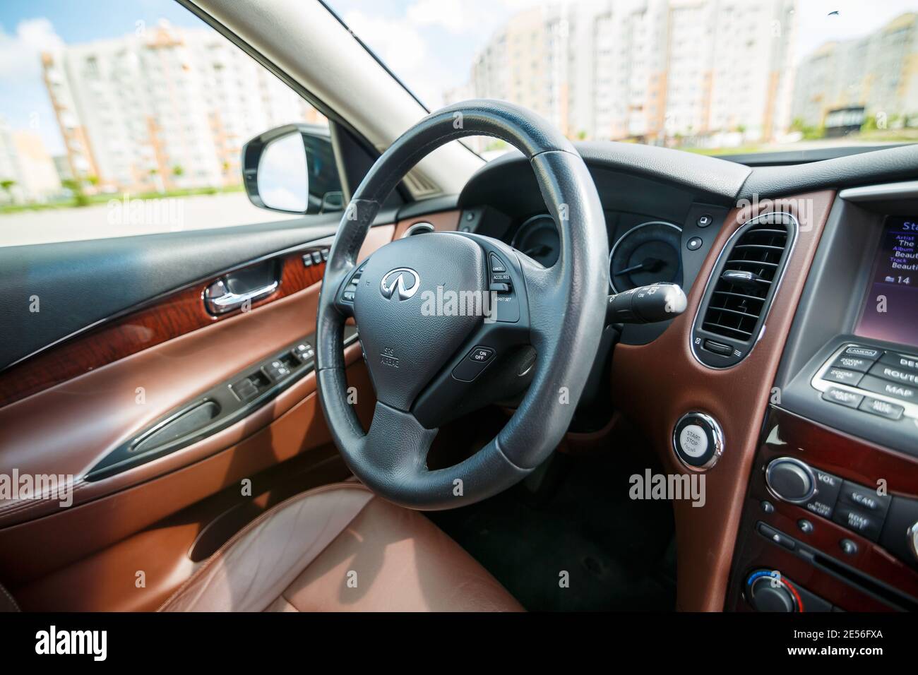 Modern SUV interior with leather panel, multimedia and dashboard Stock ...