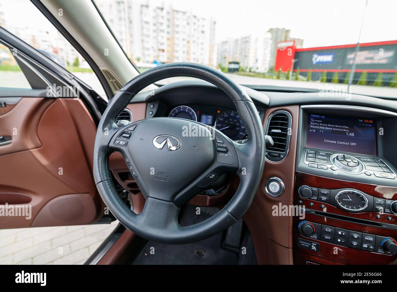 Modern SUV interior with leather panel, multimedia and dashboard Stock ...