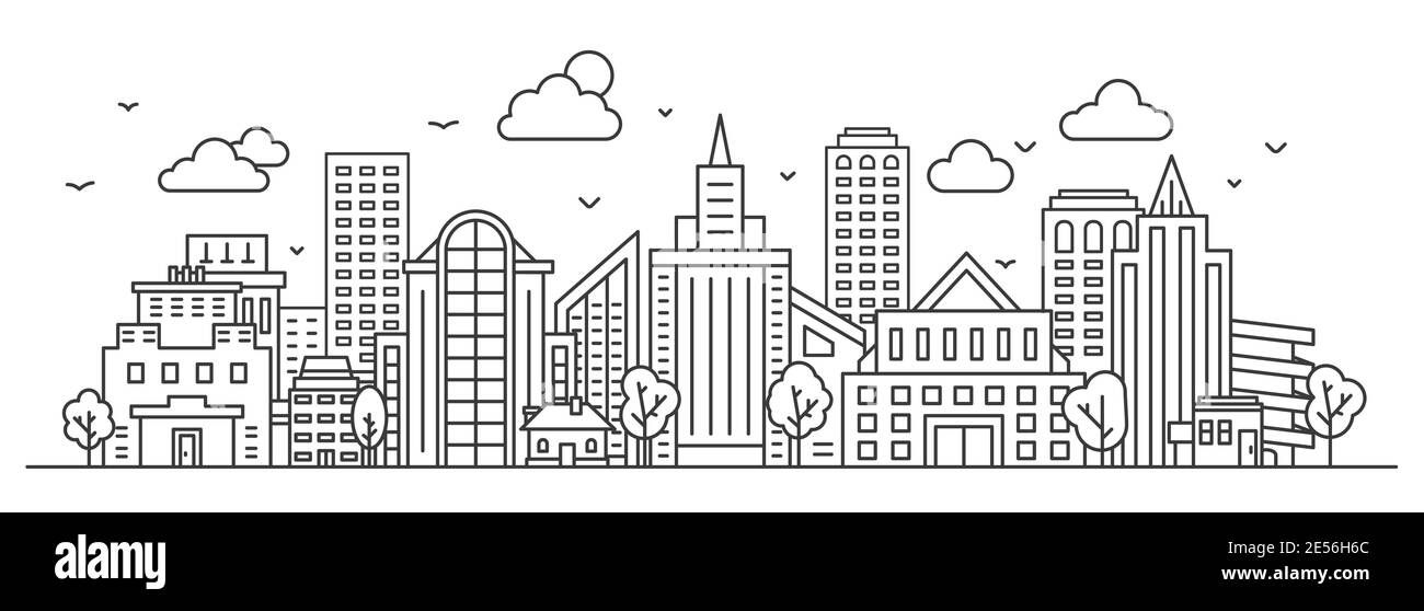 Line city landscape. Urban panorama with skyscraper, buildings and ...