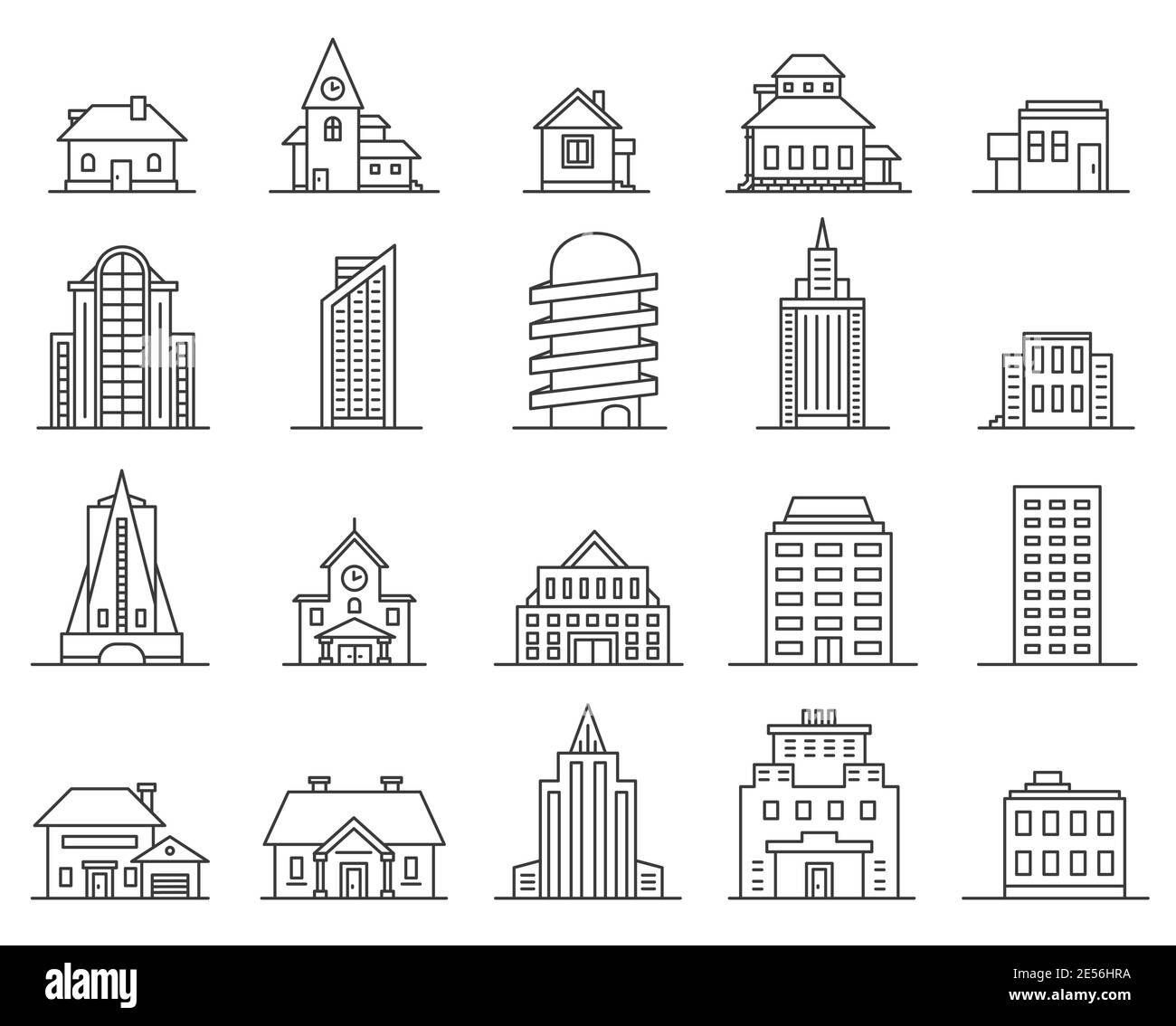 Line skyscrapers and houses. Outline city and town building. Real ...