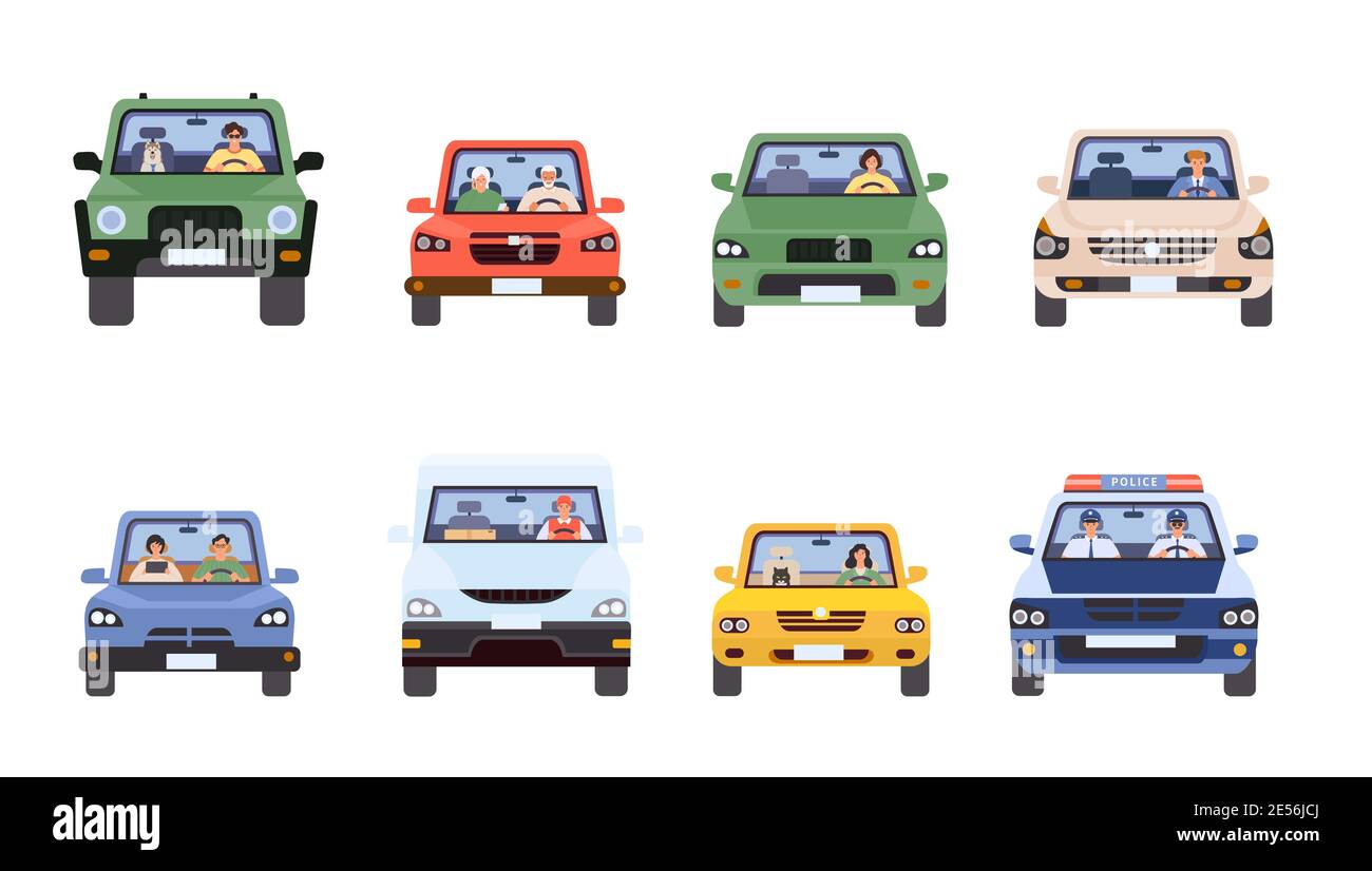 People in cars front view. Man and woman driving, delivery service ...