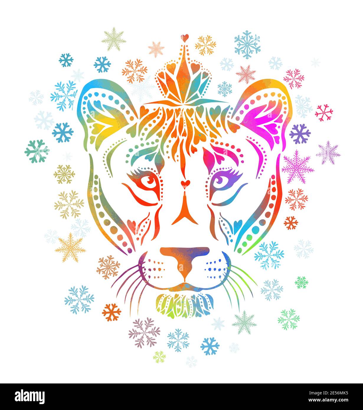 A multicolored lioness. The face of the lion is a rainbow abstract ...
