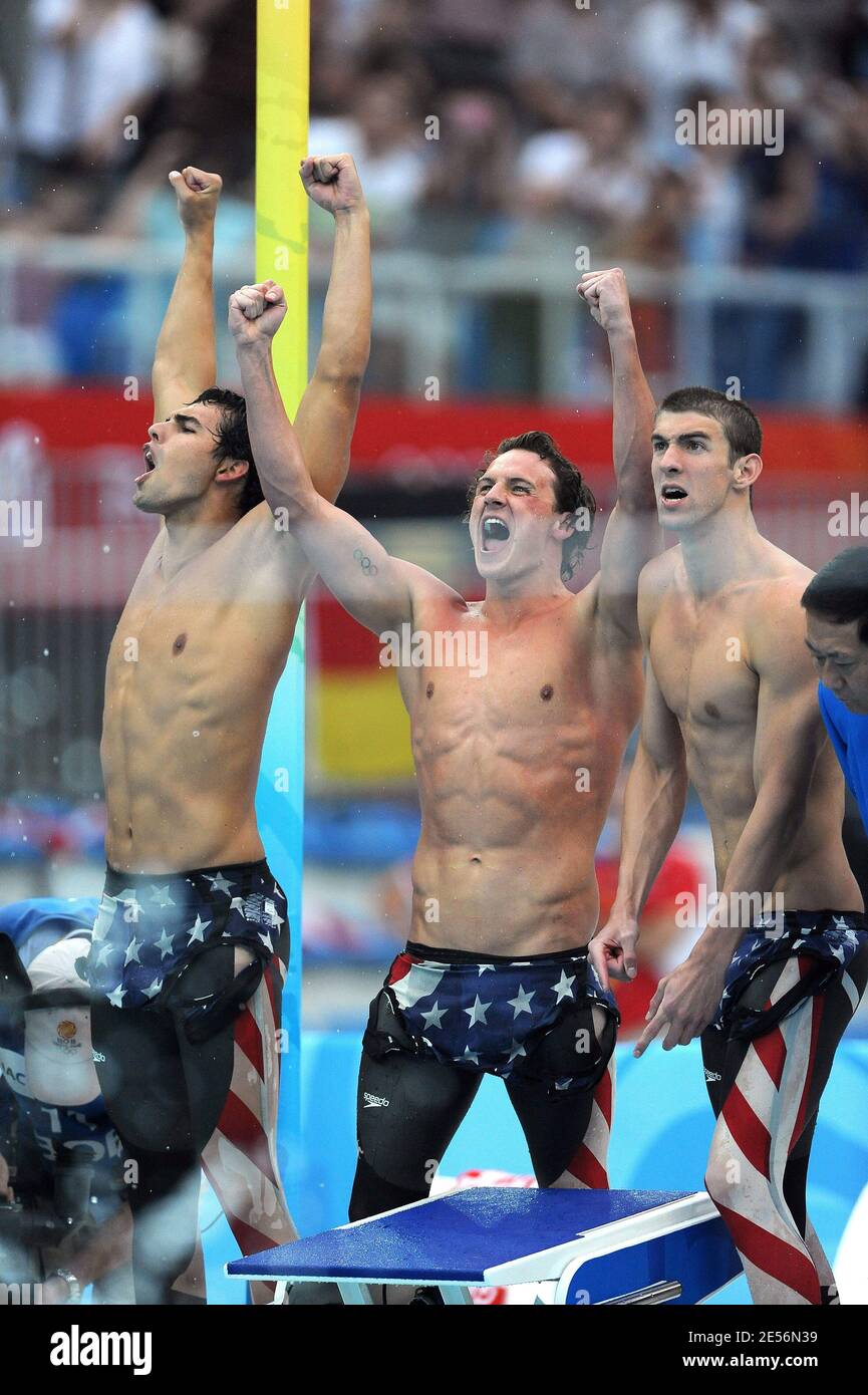 L-R) Ricky Berens, Ryan Lochte and Michael Phelps of the United States ...