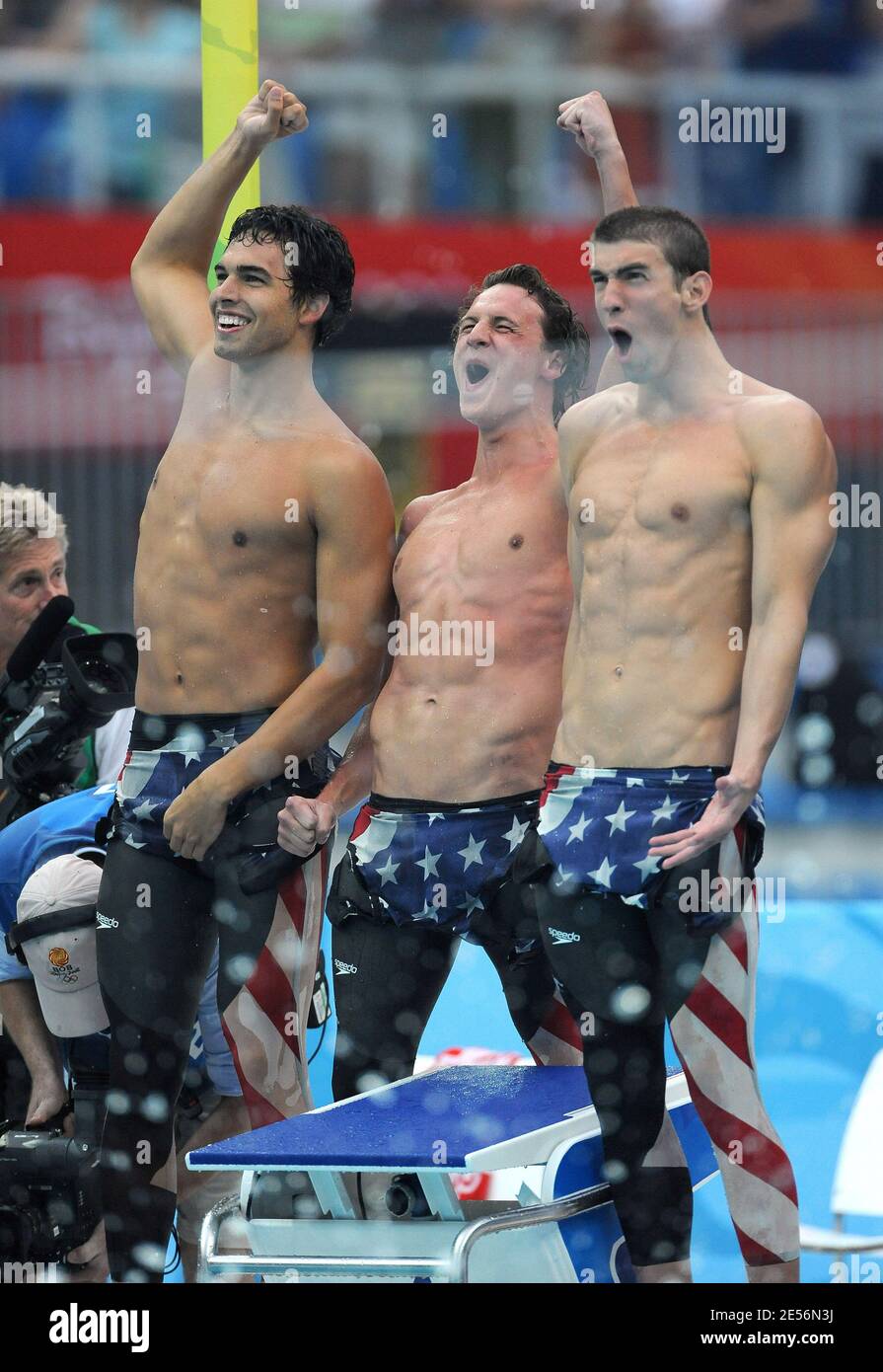 L-R) Ricky Berens, Ryan Lochte and Michael Phelps of the United States ...