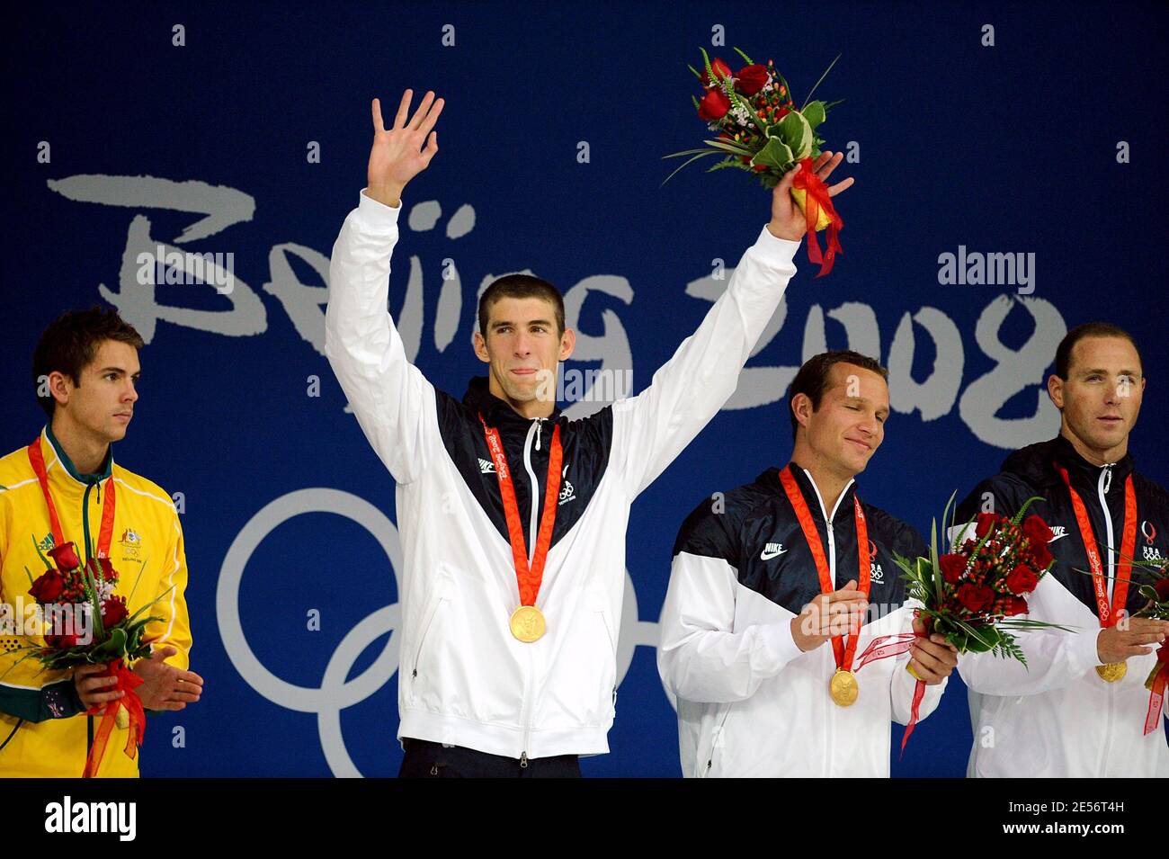 USA swimmers Michael Phelps (2nd L), Brendan Hansen (3rd L), Jason ...
