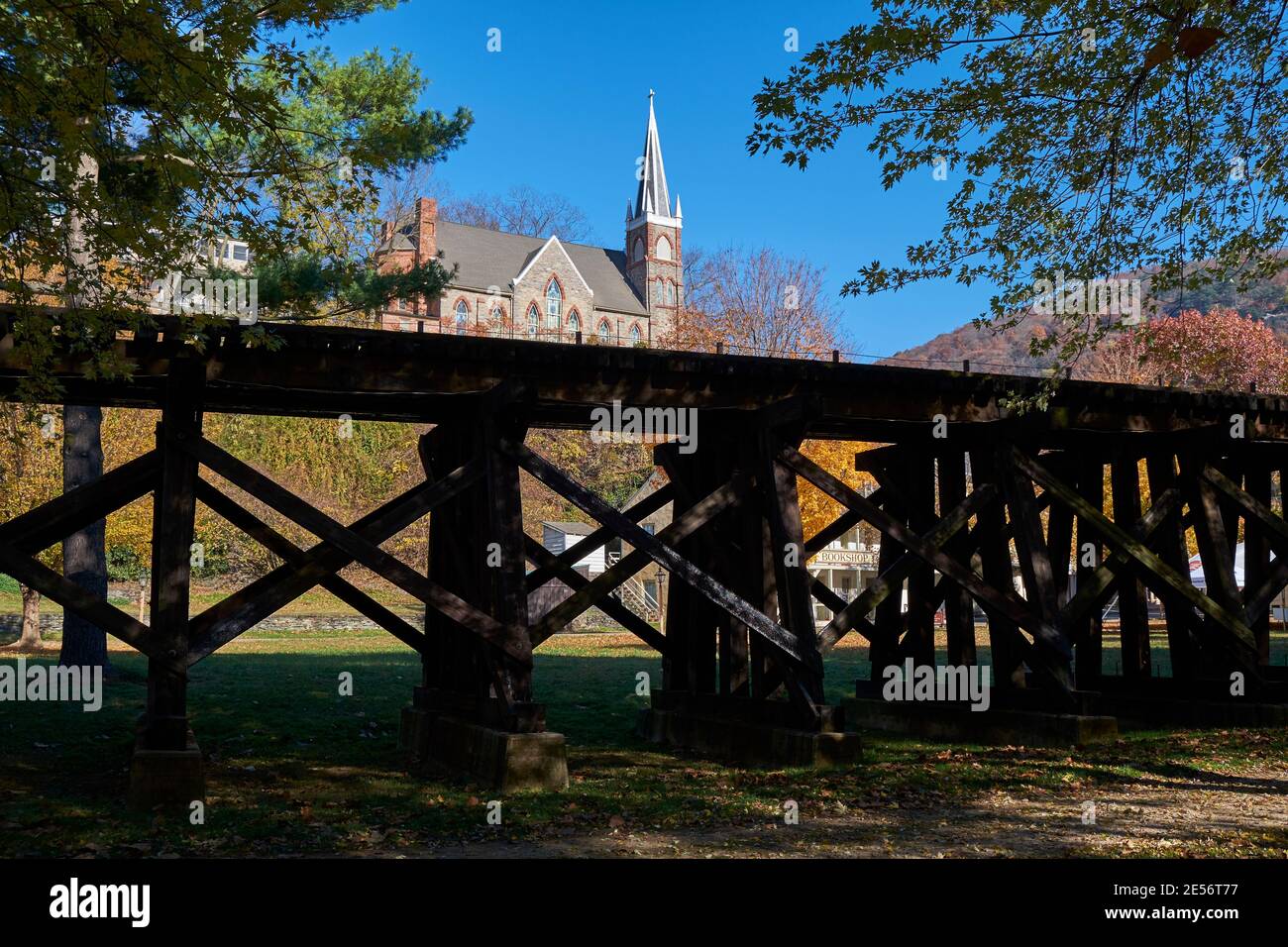 The raised, wood railroad track trestle for the old Winchester ...