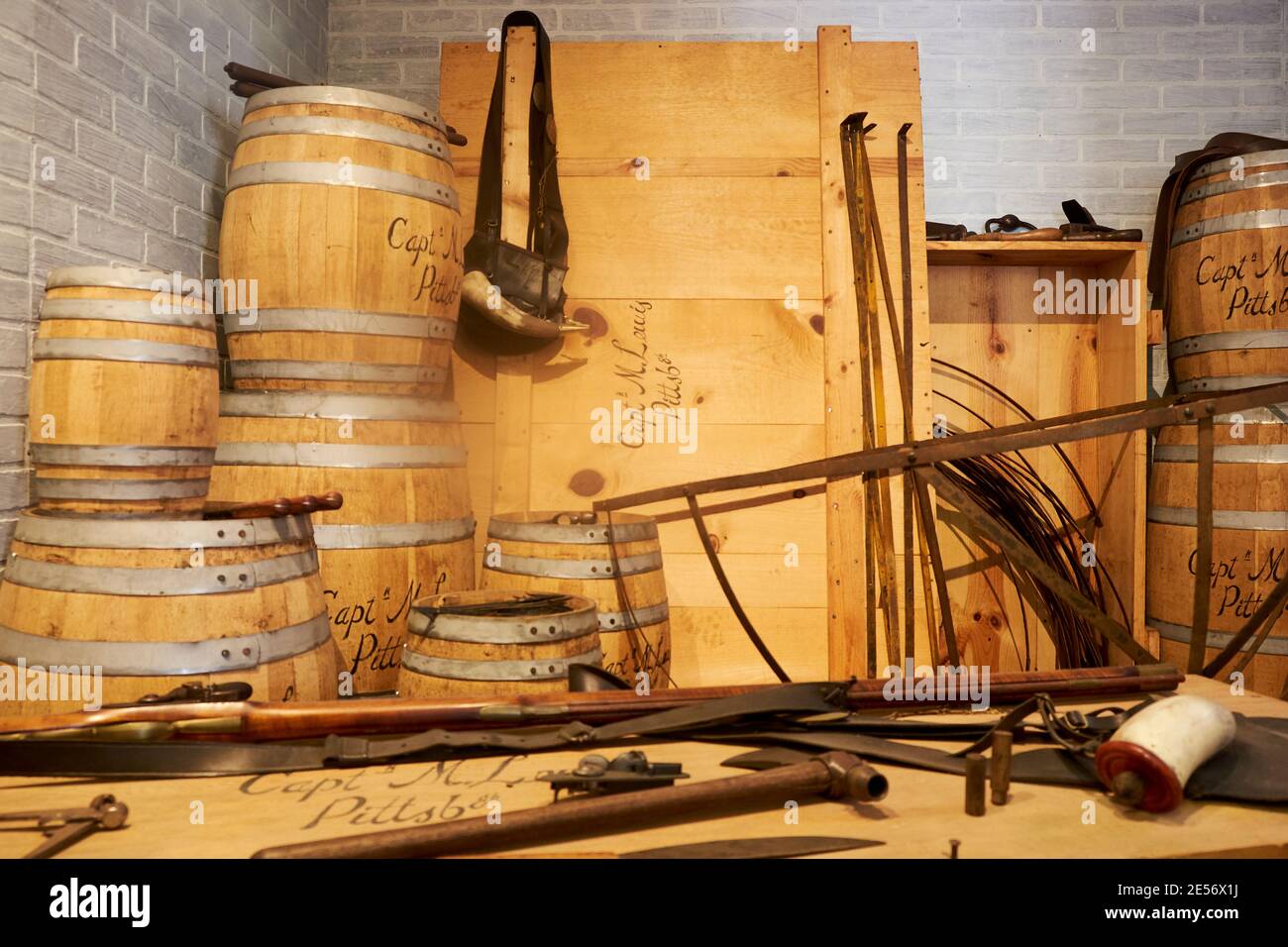 Oak, wood barrel construction for boats, shipping display inside an old ...