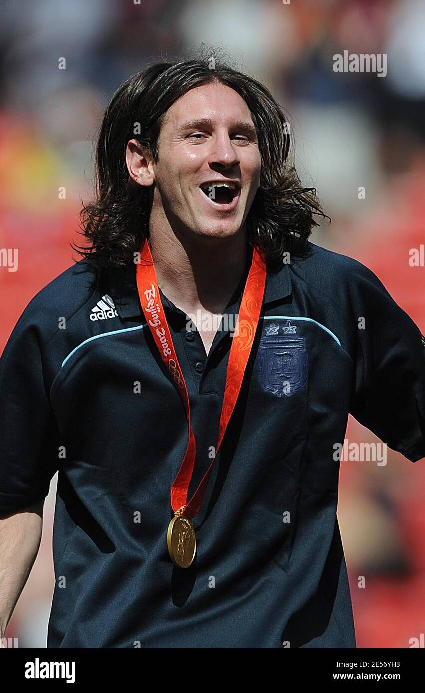 Lionel Messi of Argentina during the medal ceremony afterthe Men's Gold ...
