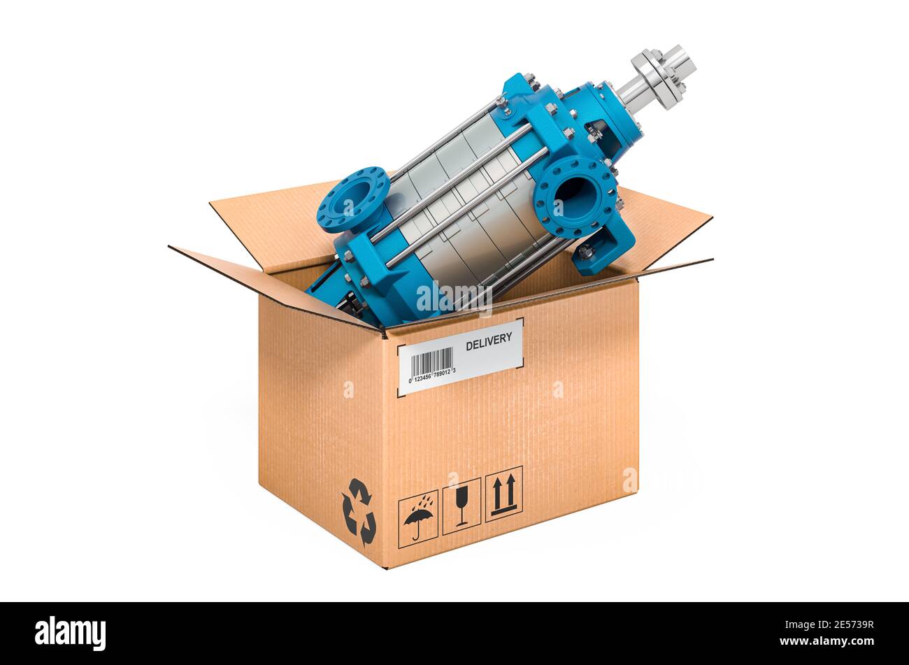 Horizontal multistage pump inside cardboard box, delivery concept. 3D ...