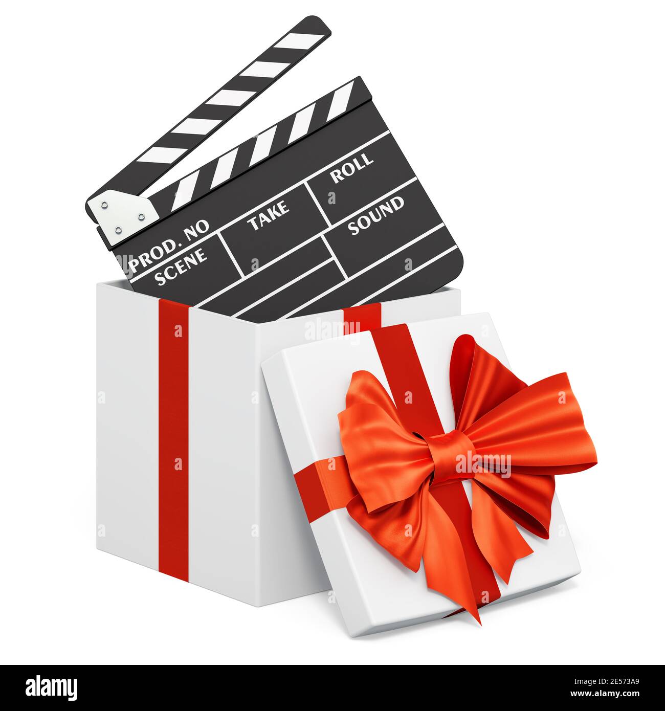 Movie clapper inside gift box, present concept. 3D rendering isolated ...