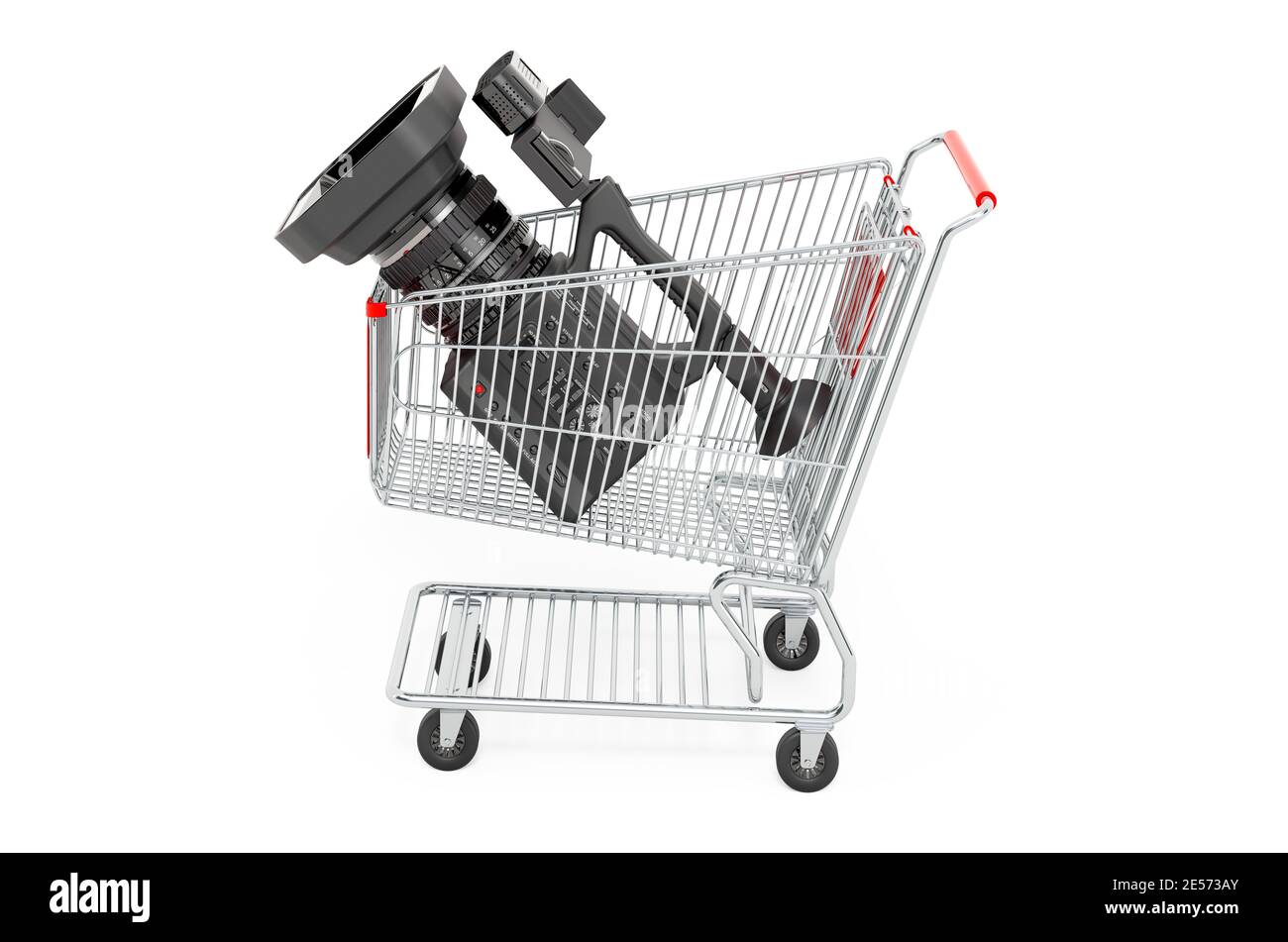 Shopping cart with professional video camera. 3D rendering isolated on ...