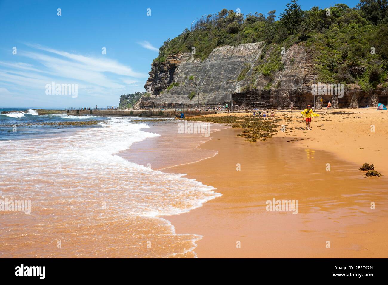 Bilgola Beach Sydney and view of ocean pool with rockfall netting ...