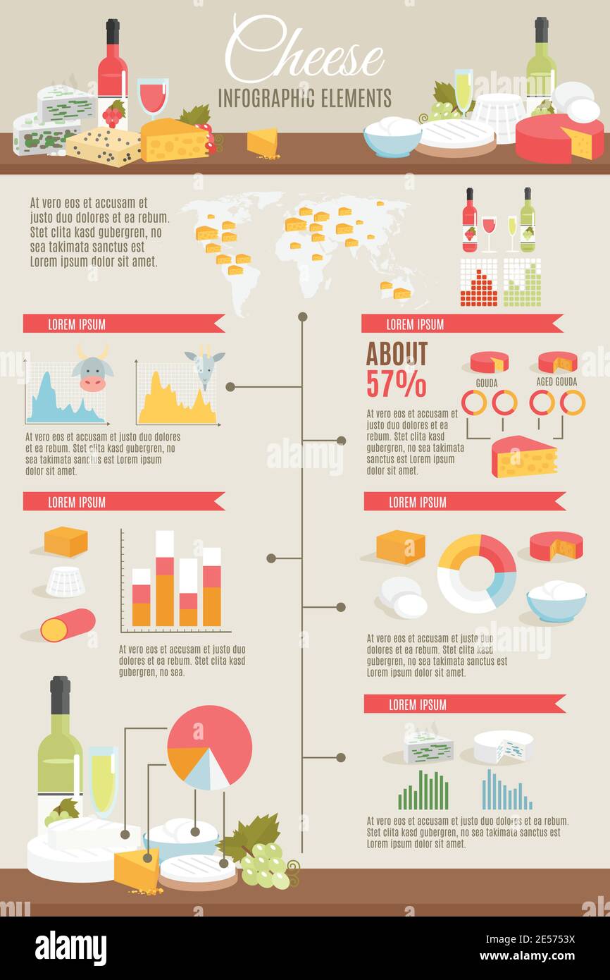 Cheese and wine production country and kinds statistic flat color ...