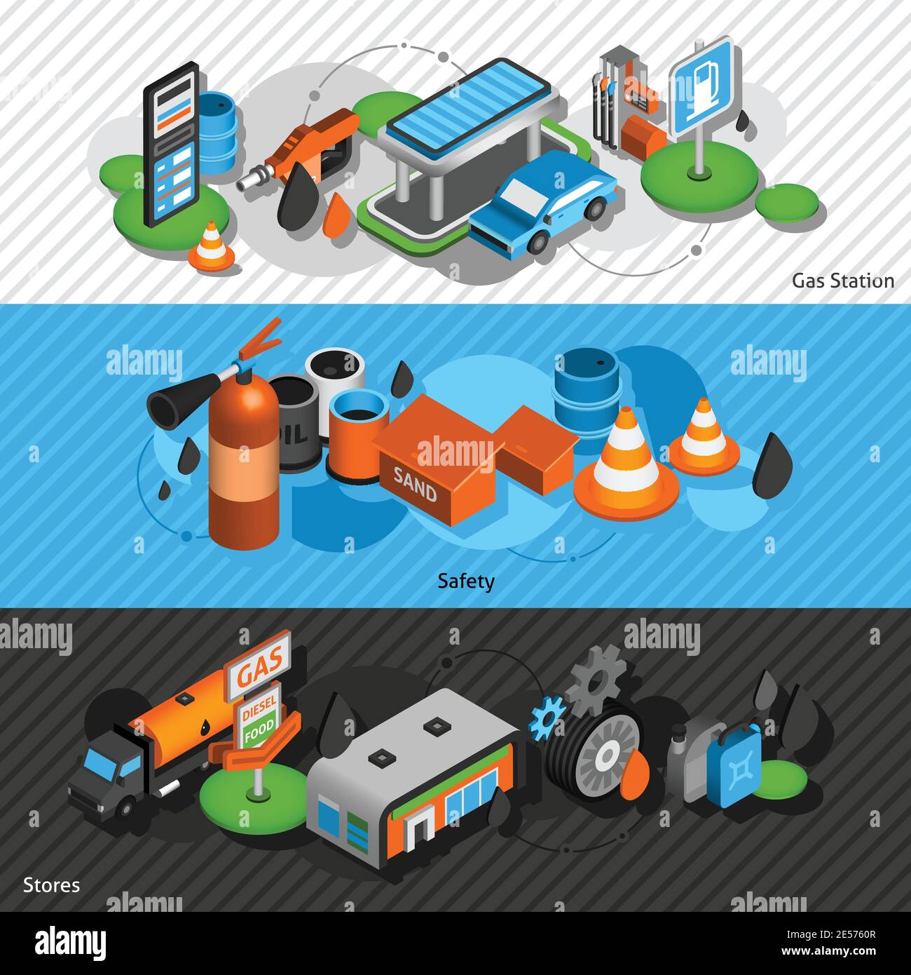 Gasoline diesel fuel station isometric banners set with convenience ...