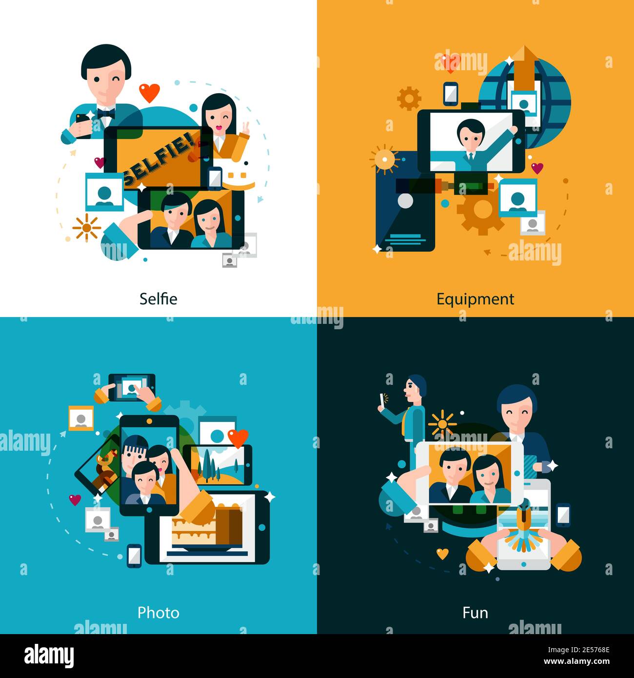 Mobile photo concept with selfie equipment and fun icons set flat ...