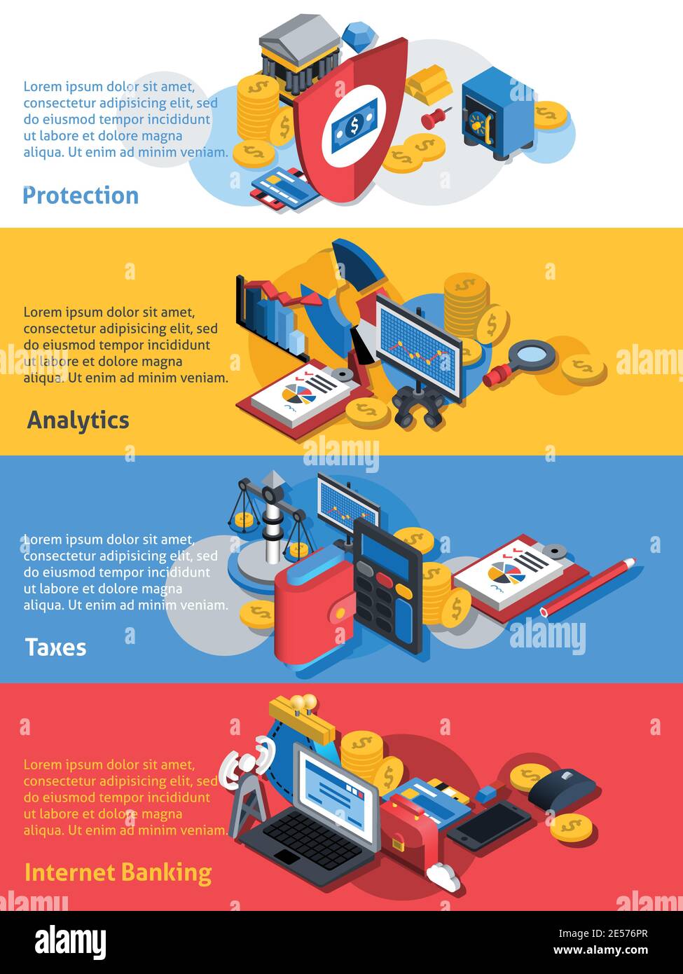 Financial horizontal banners set with isometric protection analytics ...