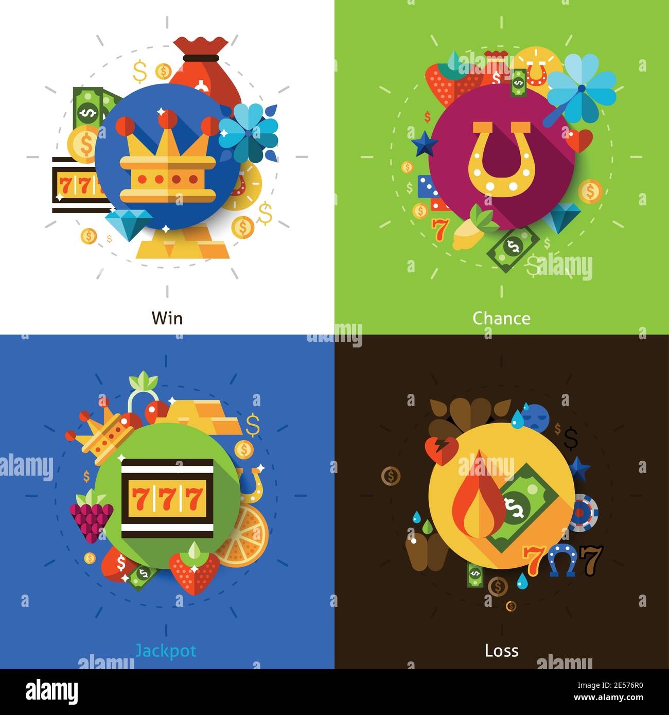 Slot machine concept with win chance jackpot and loss icons set flat ...