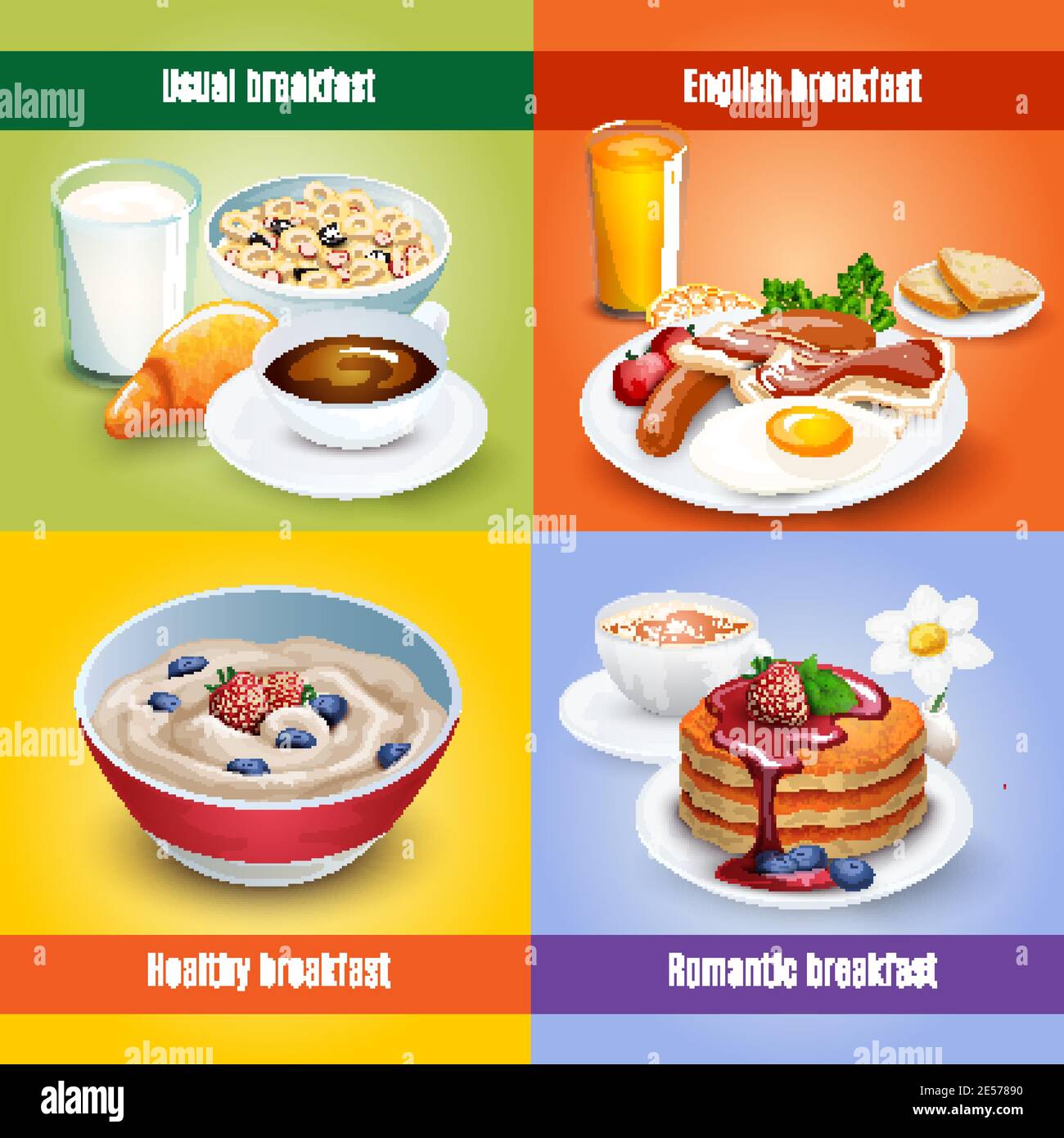 Traditional breakfast cafe menu 4 flat icons composition poster with ...