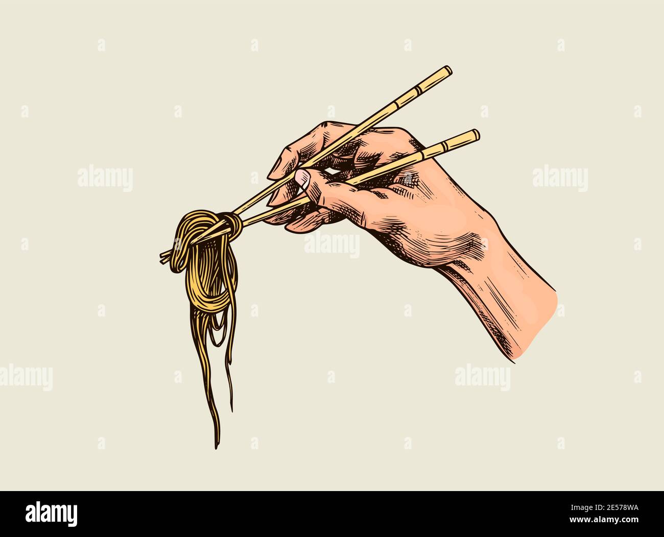Hand holding chopsticks with noodles. Japanese Asian traditional ramen ...
