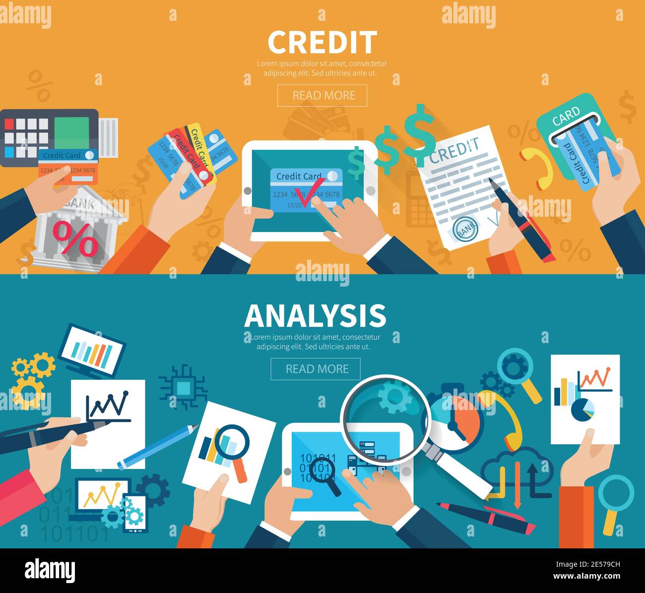 Credit and analysis horizontal banner set with hands holding business ...