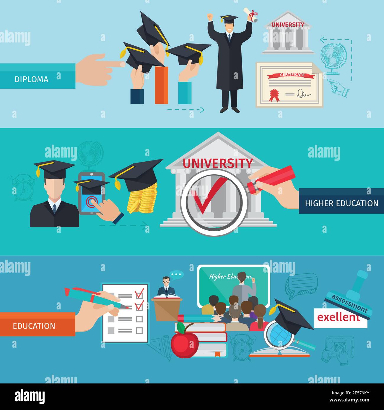 Higher education horizontal banner set with college and university flat ...