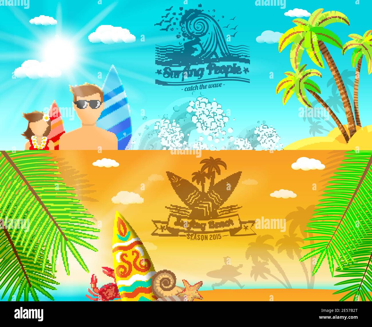 Surf banner horizontal set with flat water sport elements isolated ...