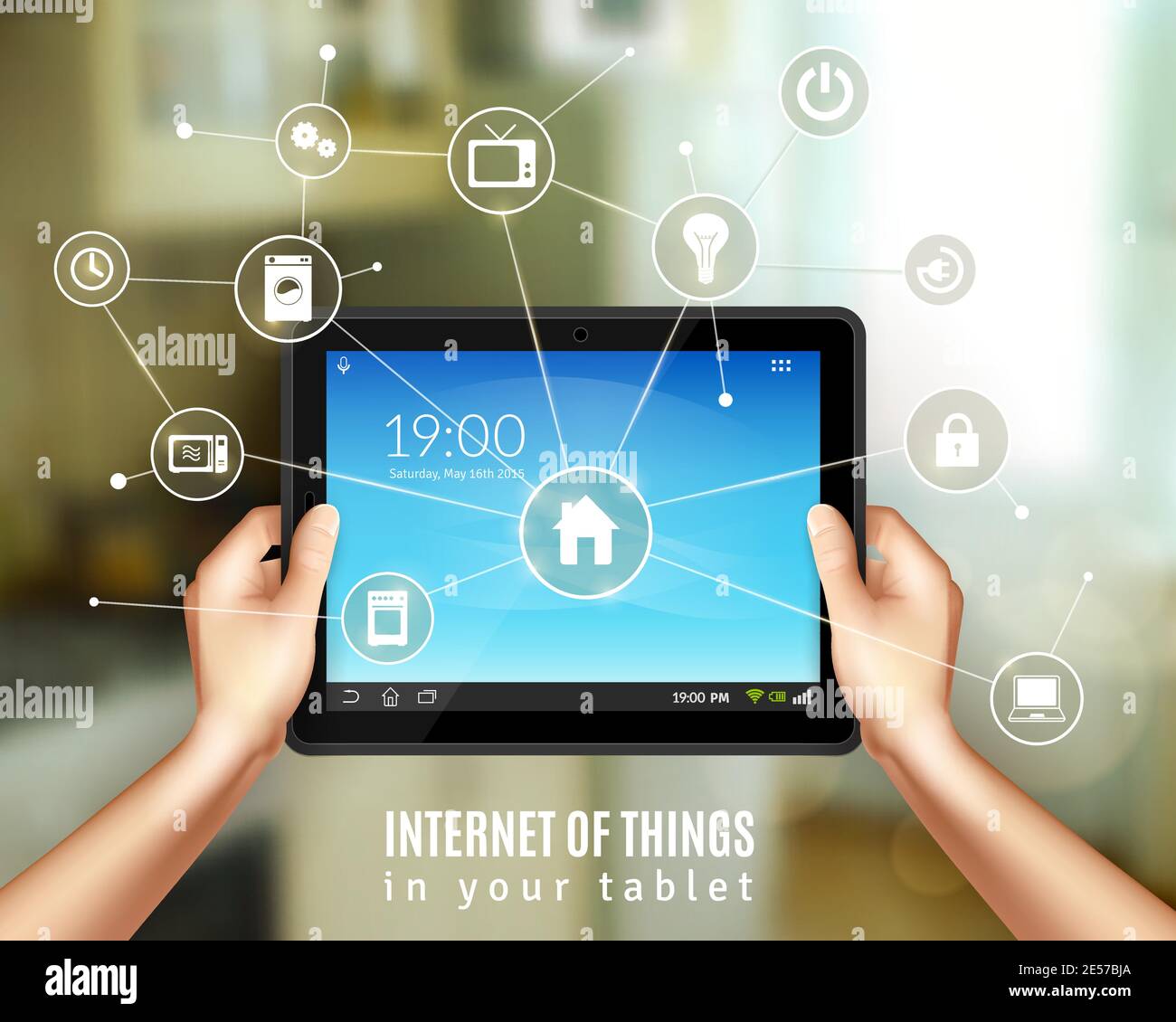 Smart home management concept with realistic hands holding tablet ...