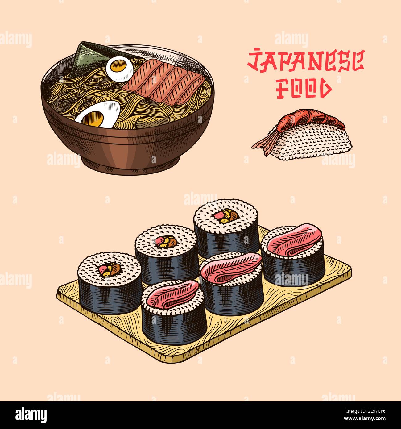 Japanese food poster. Sushi bar, ramen noodles, soup in a bowl, roll ...