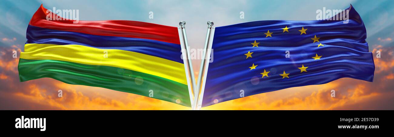European Union Flag and Mauritius flag waving with texture sky Cloud ...