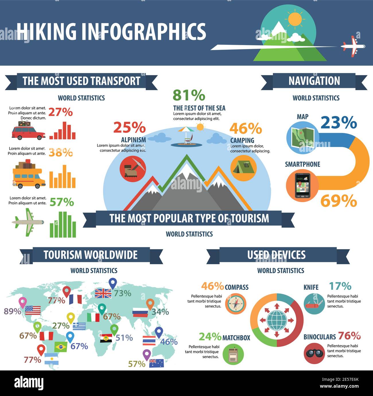Hiking tourism and outdoor vacation infographics set with charts vector ...