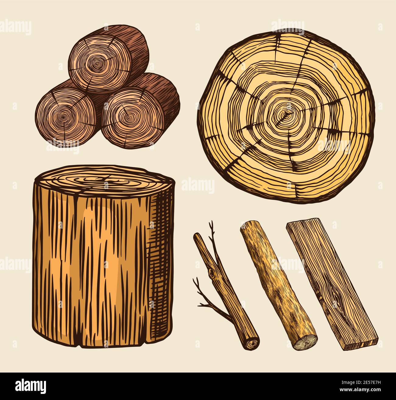 Wood set. Planks and logs, lumber and Cuts, Firewood in vintage style ...