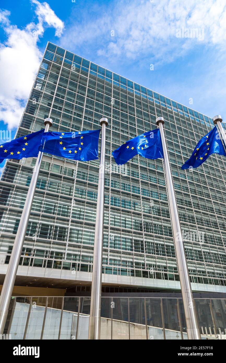 European flags in front of headquarters of European commission in ...
