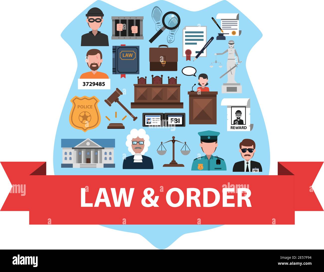 Law and order concept with justice flat icons in police badge shape ...
