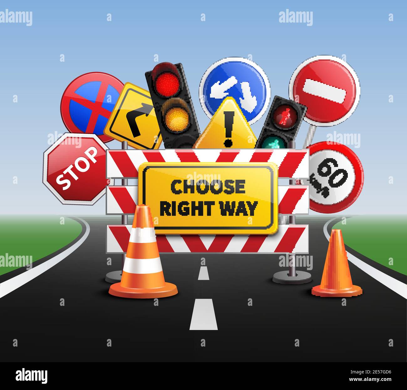 Choose right way realistic concept with road signs and traffic lights ...