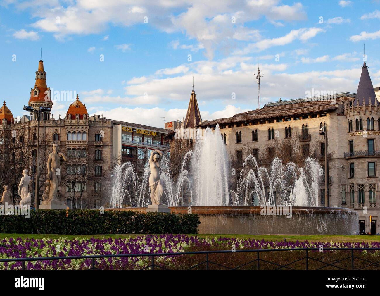 Fountains in the central square of Barcelona, the Placa de Catalunya ...