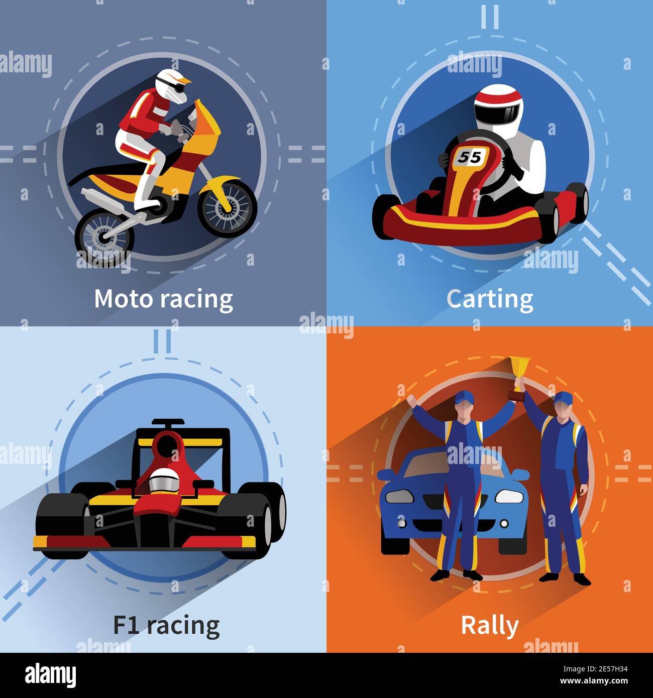 Racer icons set with carting rally moto and auto race symbols flat ...