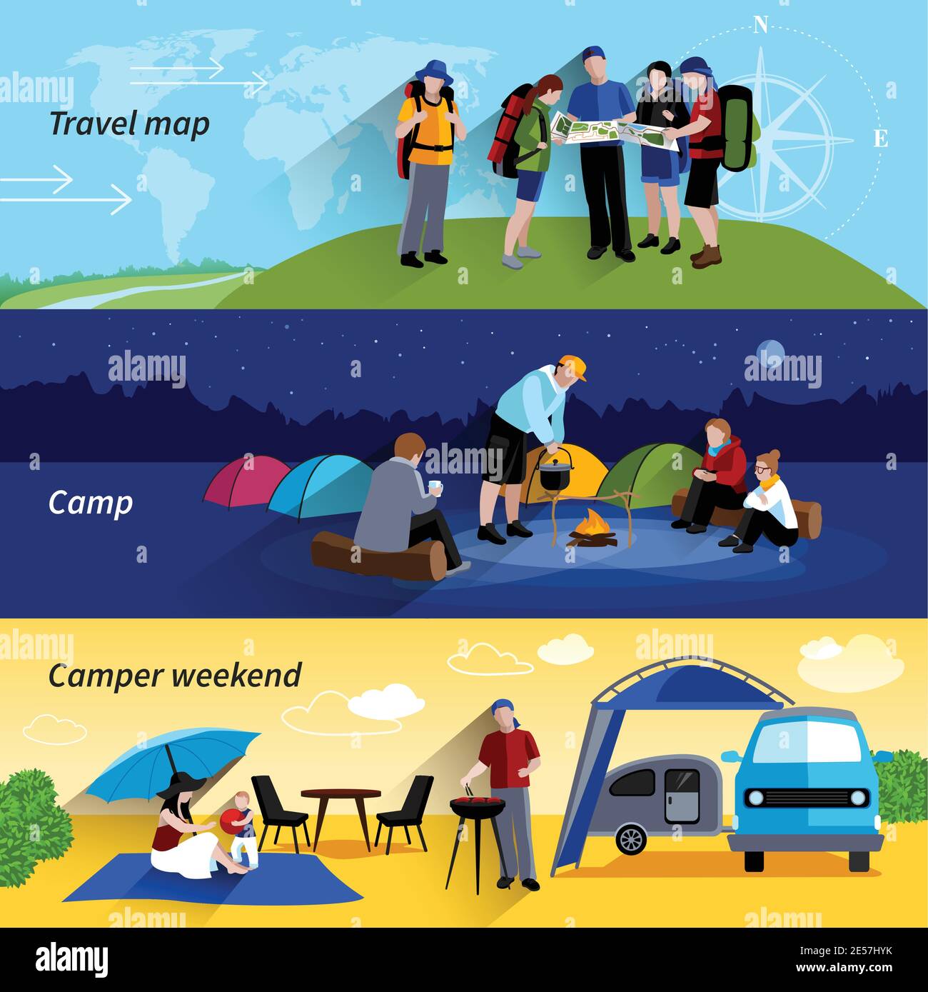 Camper people horizontal banners set with camp family picnic and travel ...