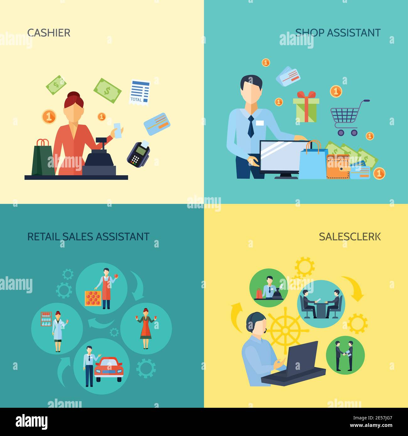 Design 2x2 set of cashier salesclerk shop assistant and retail sales ...