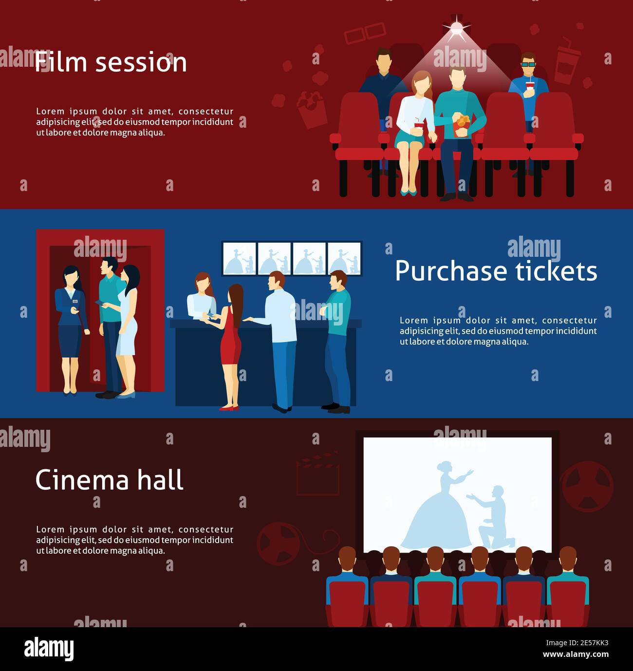 Cinematography banners with purchase ticket cinema hall film session ...
