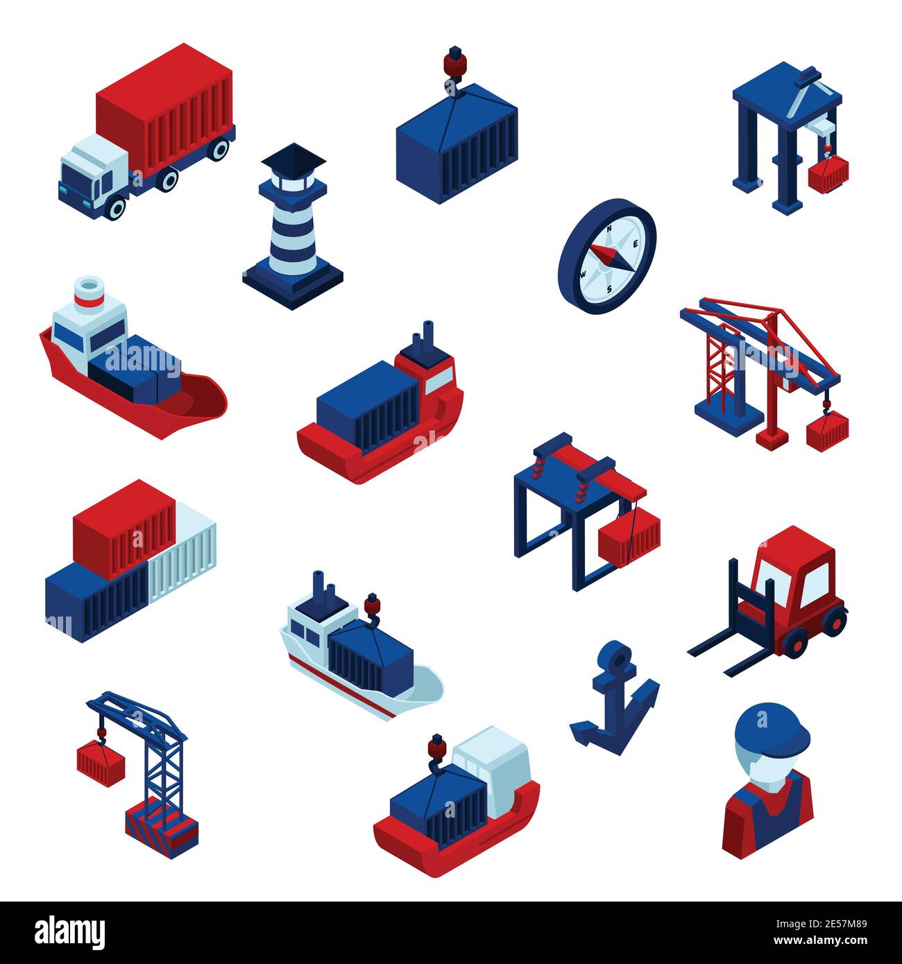 Isometric Color seaport icons set with barge containers and port ...