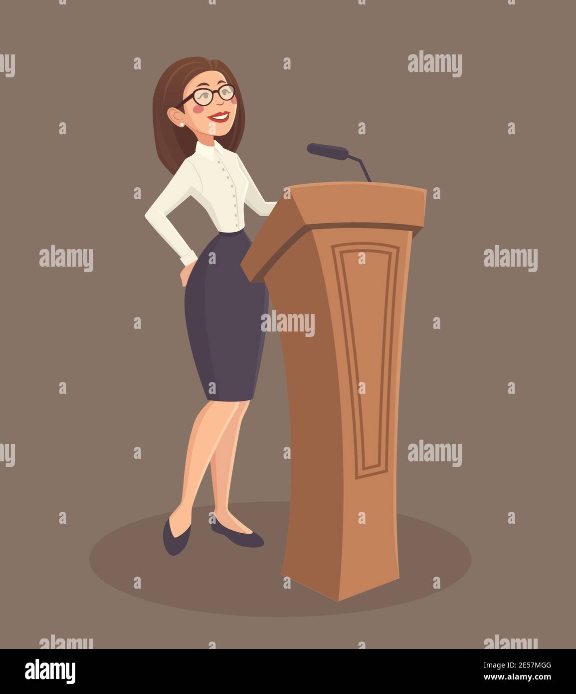 Speaker woman with stand and microphone on brown background cartoon ...